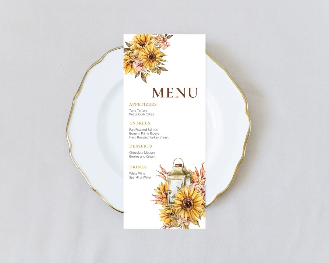 Sunflower Wedding Menu Template, Editable Dinner Menu, Instant Download ...