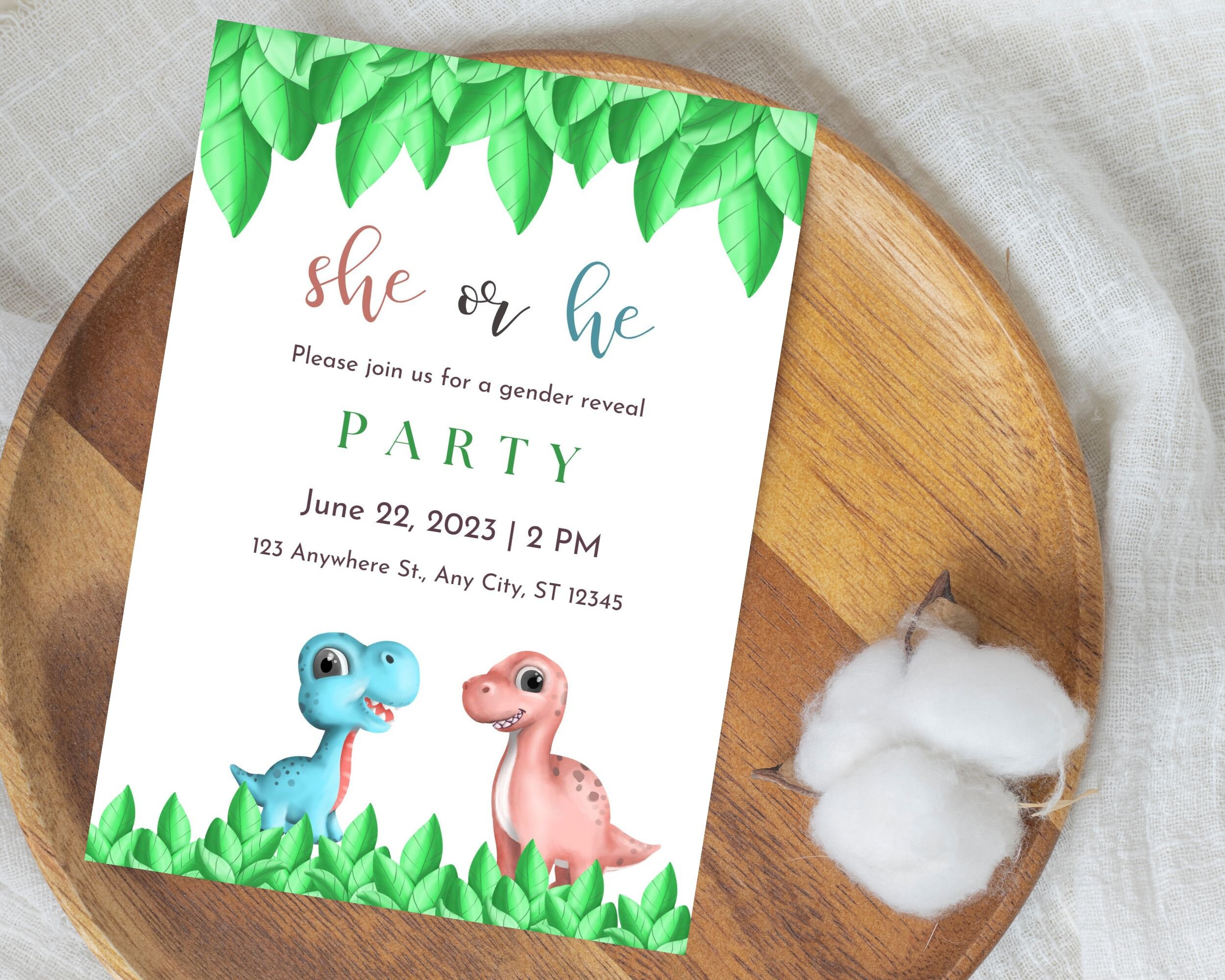 Dino Gender Reveal Invitation, Dinosaur Gender Reveal Party Invite ...