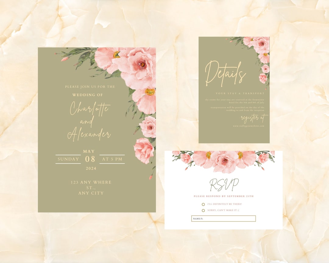 Sage Green and Peach Wedding Invitation, Peach Greenery Floral Editable ...