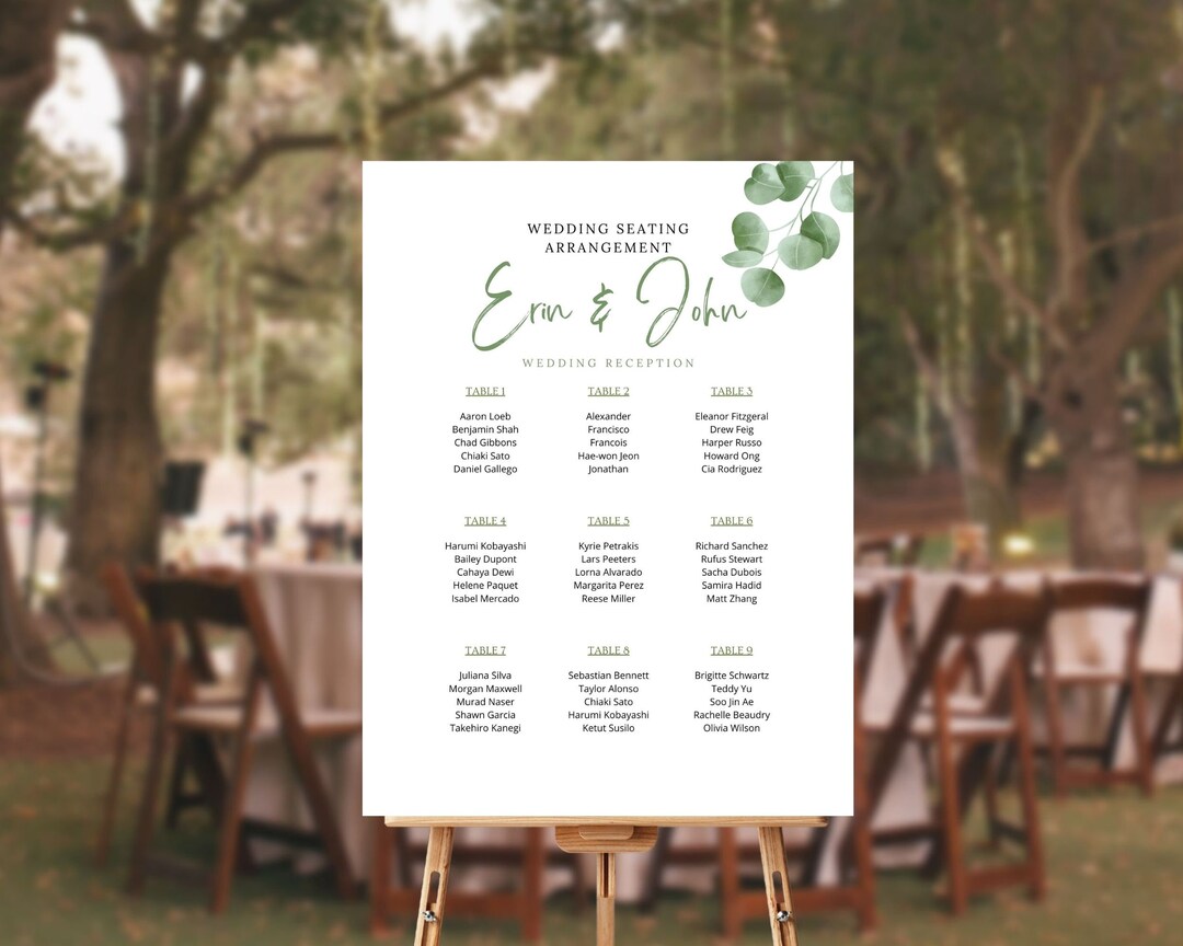 Greenery Editable Seating Chart Sign Template, Modern Wedding Sign ...