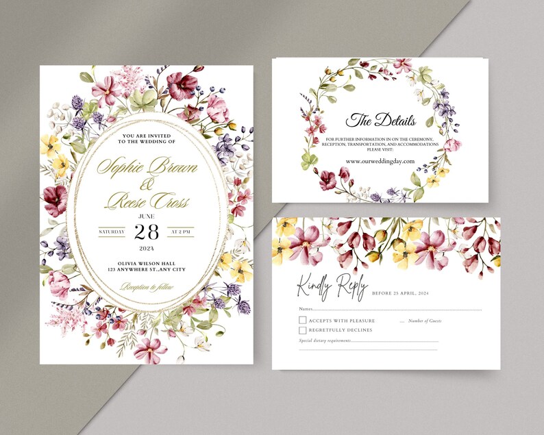 Wildflower Wedding Invitation, Wildflower Invitation Set, Botanical ...