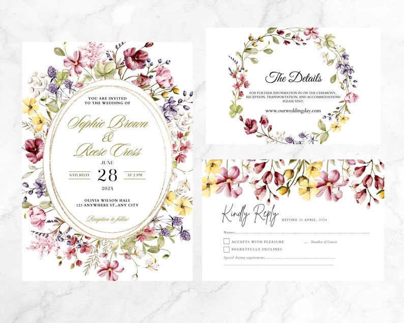 Wildflower Wedding Invitation, Wildflower Invitation Set, Botanical ...