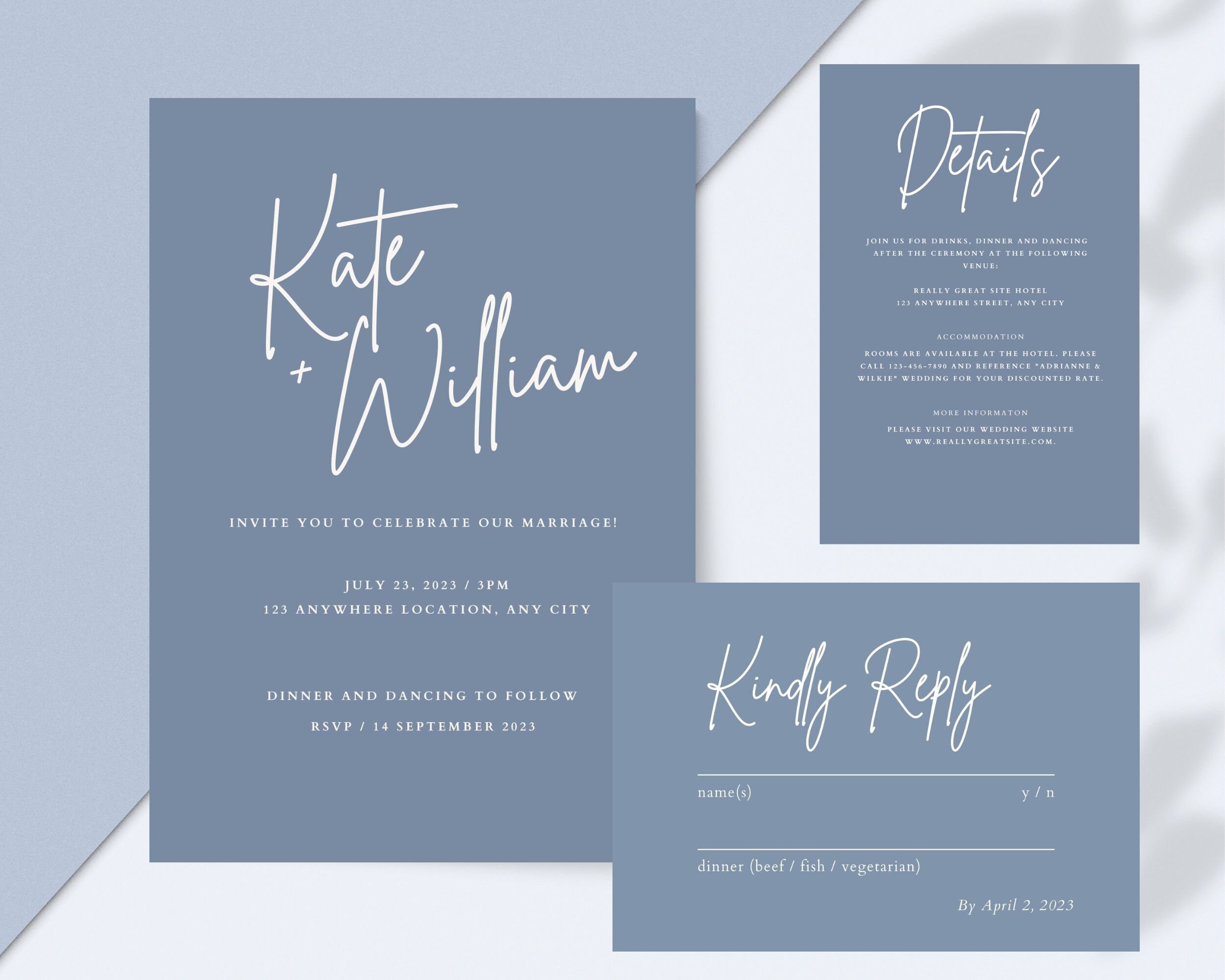 Dusty Blue Wedding Invitation Template Set, Editable Invitation ...