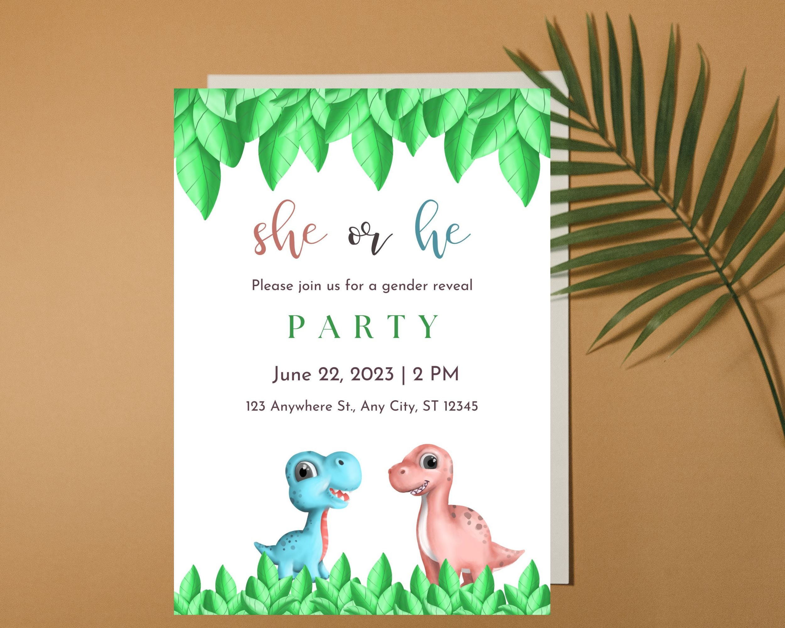 Dino Gender Reveal Invitation, Dinosaur Gender Reveal Party Invite ...