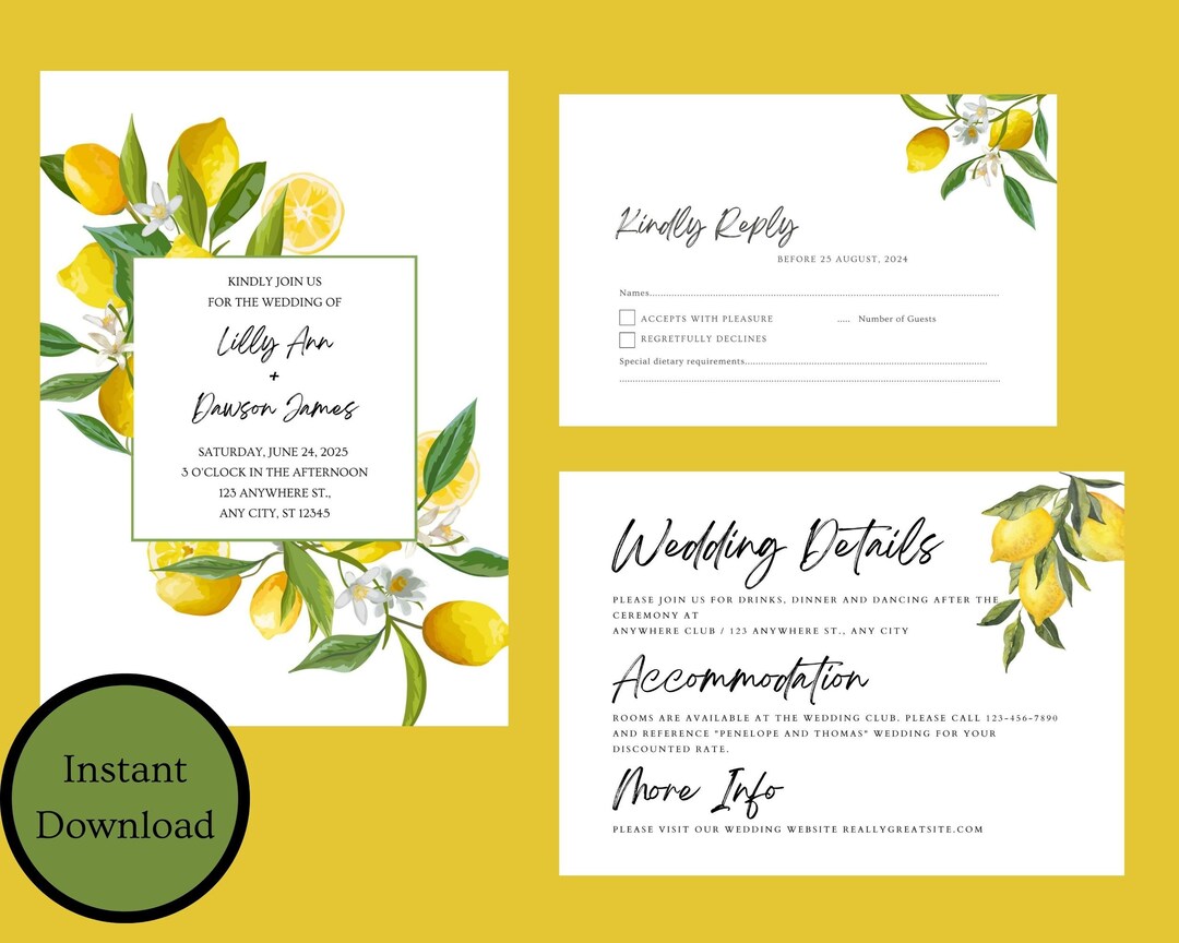 Lemon Wedding Invitation Set Template, Citrus Wedding Invitation ...