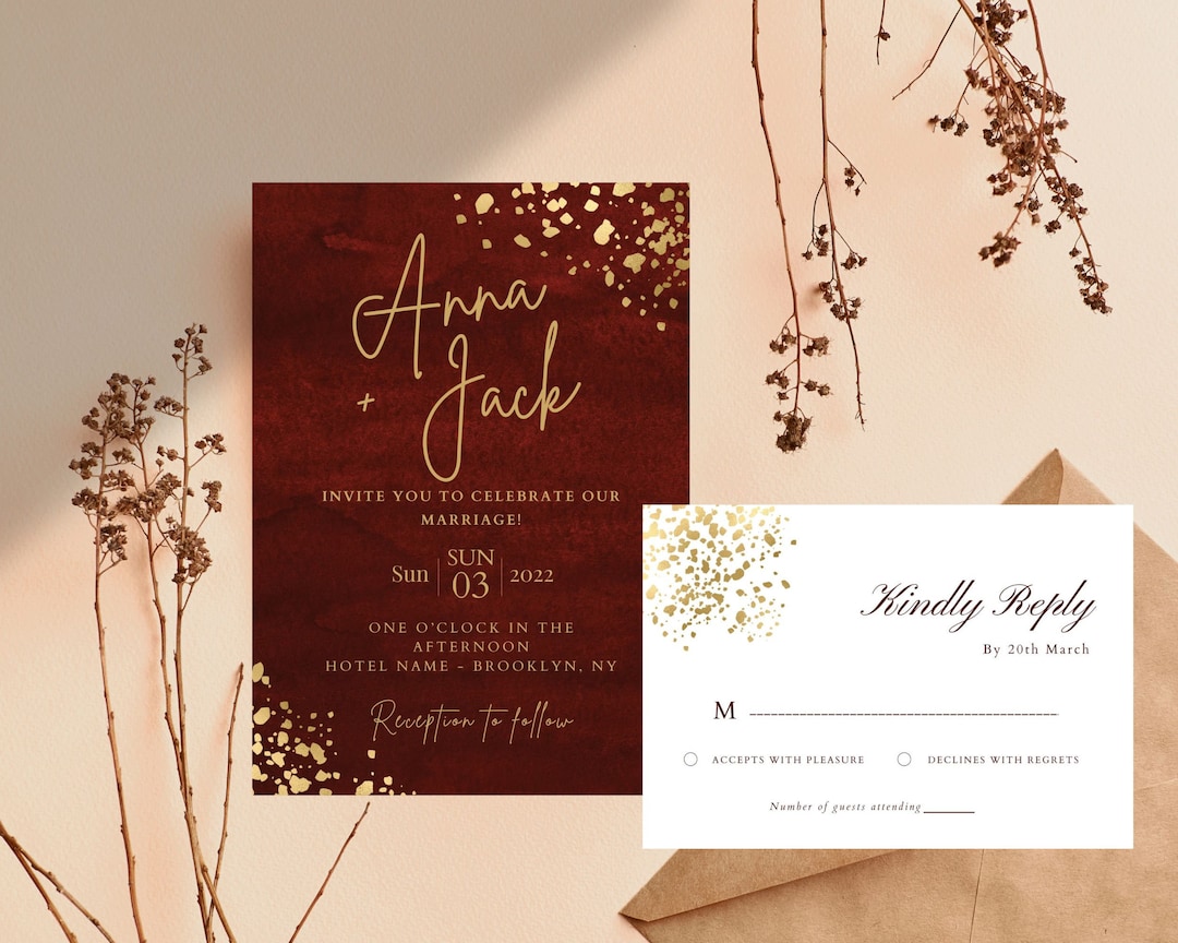 Wedding Invitation Set, Maroon and Gold Wedding Template, Editable ...