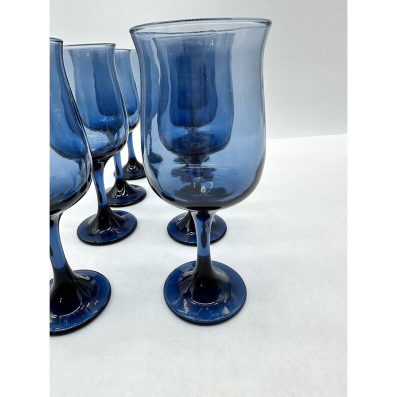 8 Vintage Libbey Connoisseur Apollo Blue Tulip Glass Wine Goblets 6.5in ...