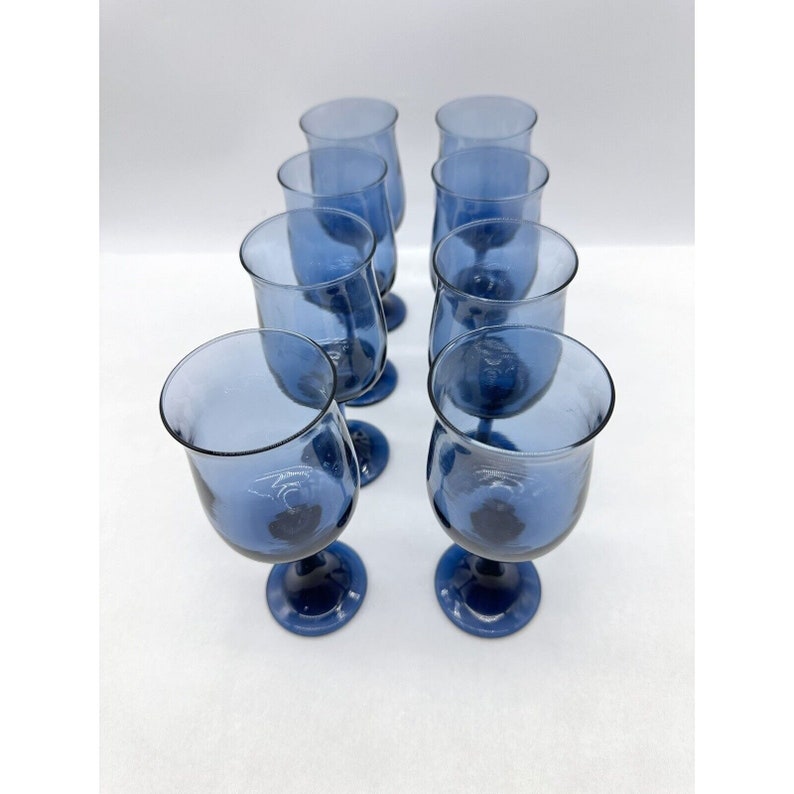 8 Vintage Libbey Connoisseur Apollo Blue Tulip Glass Wine Goblets 6.5in ...