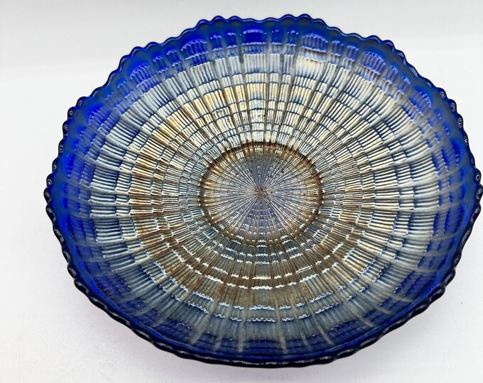 Vintage Fenton Blue Plaid Carnival Glass Low ICS Bowl Iridescent 8.5in ...