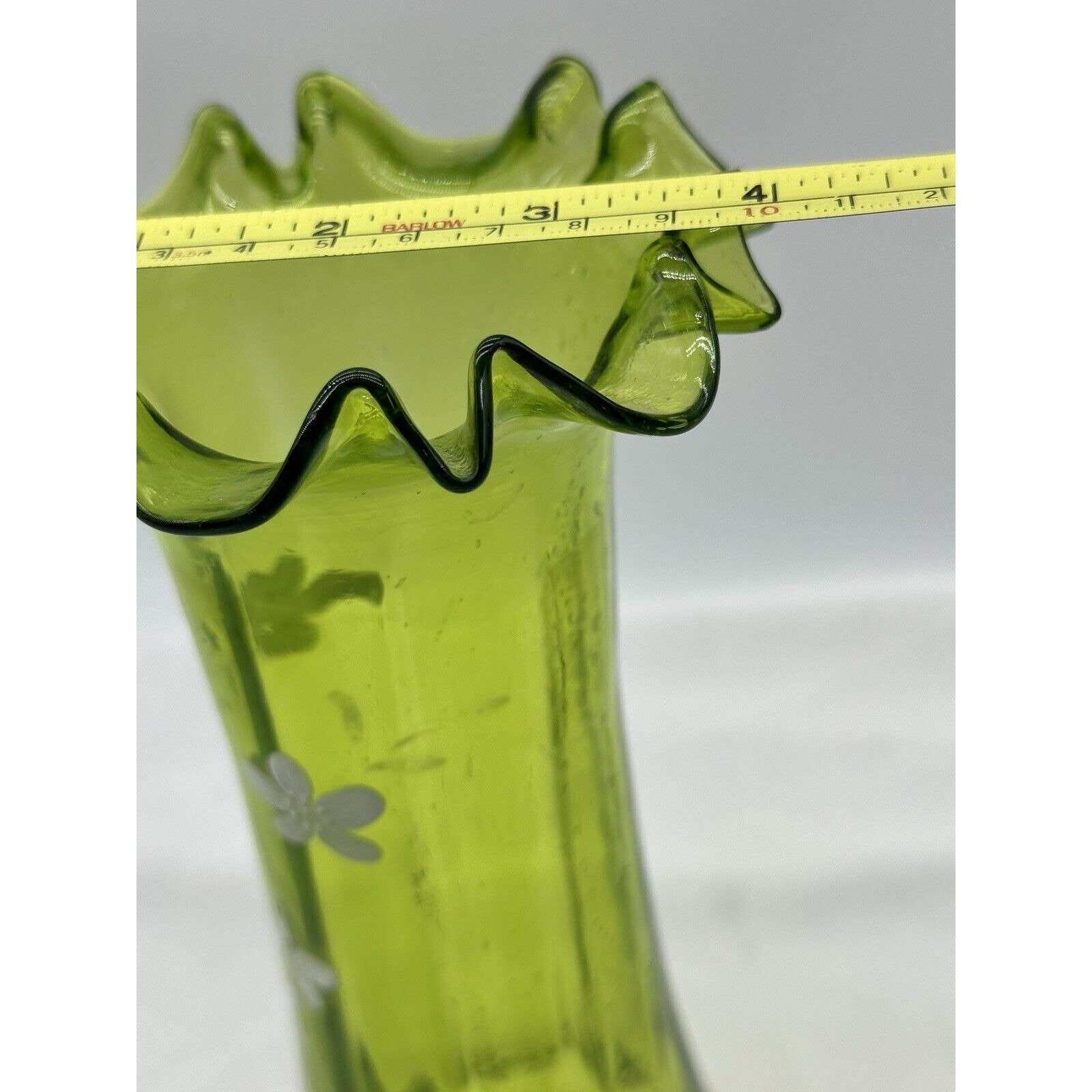 Vintage Art Glass Vase Hand Blown Green Ruffled Vase Hand Painted ...
