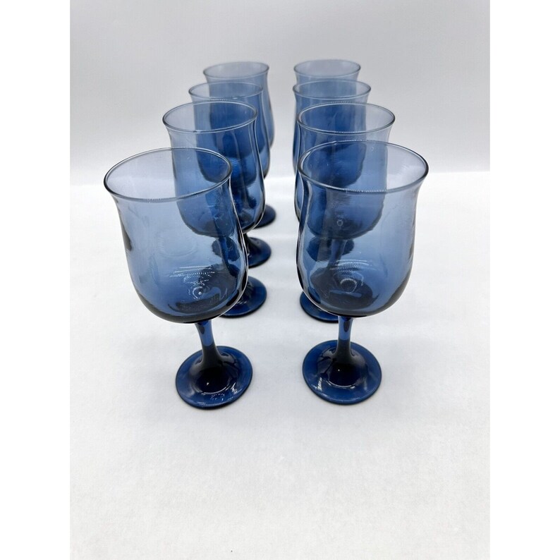 8 Vintage Libbey Connoisseur Apollo Blue Tulip Glass Wine Goblets 6.5in ...