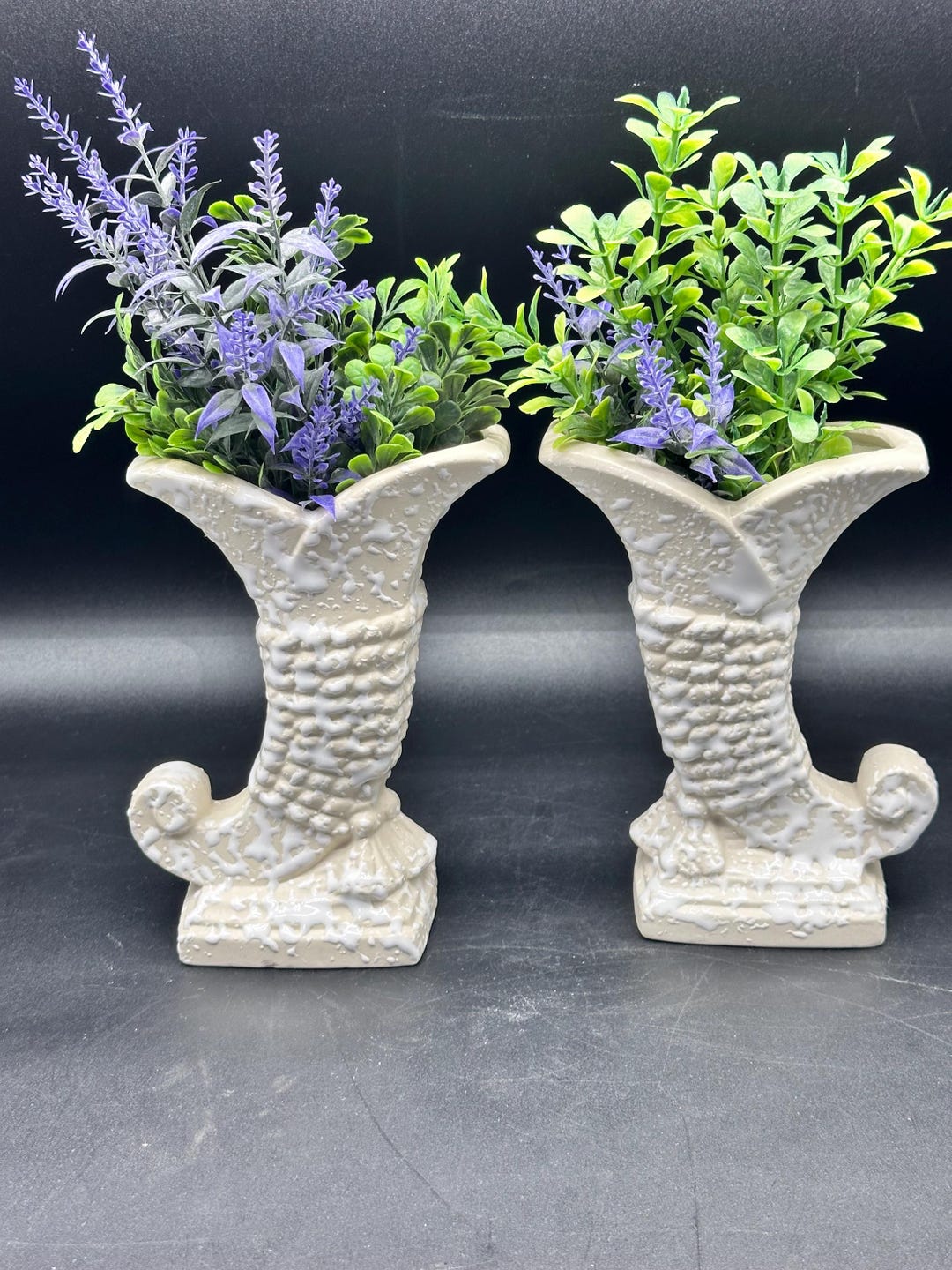 2 Vintage MCM Savoy China Cornucopia Horn Vases Lava Spatter Texture ...