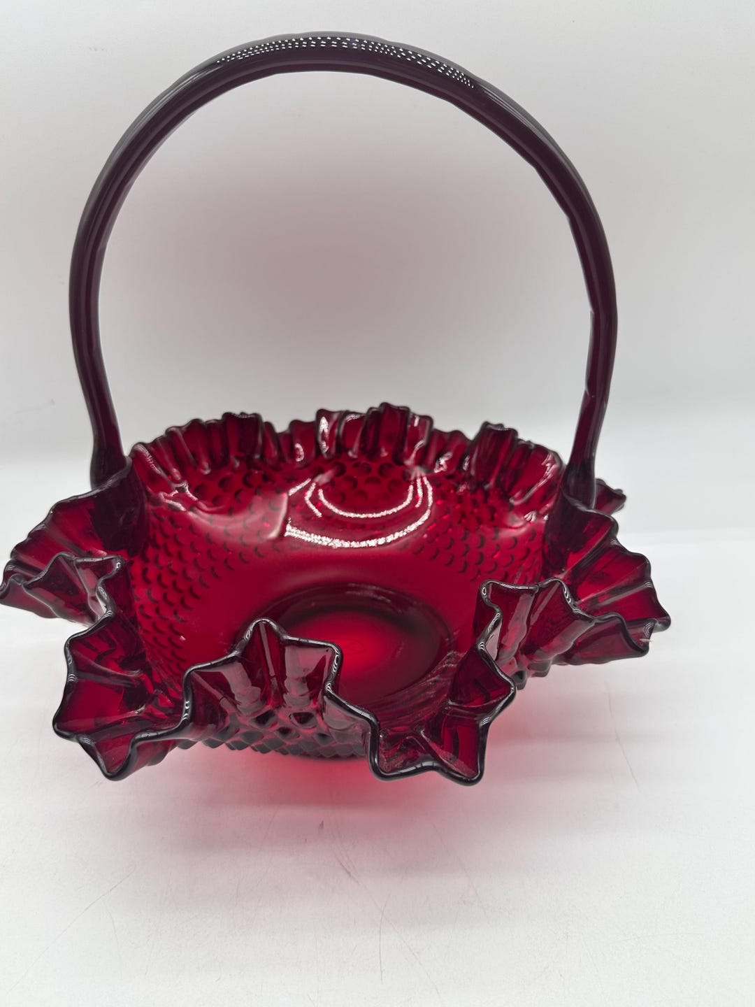 Vintage Fenton Ruby Red Hobnail Handled Basket Ruffled Edge 12in ...