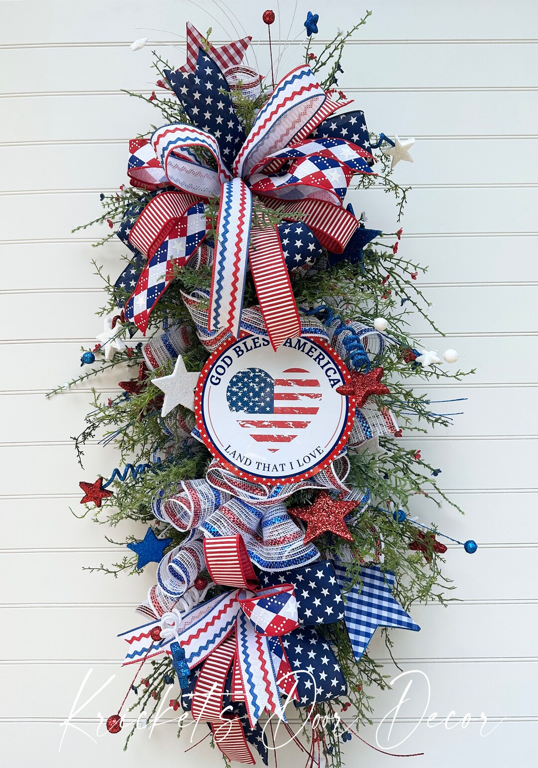God Bless America Wreath, Teardrop Swag for Front Door - Etsy