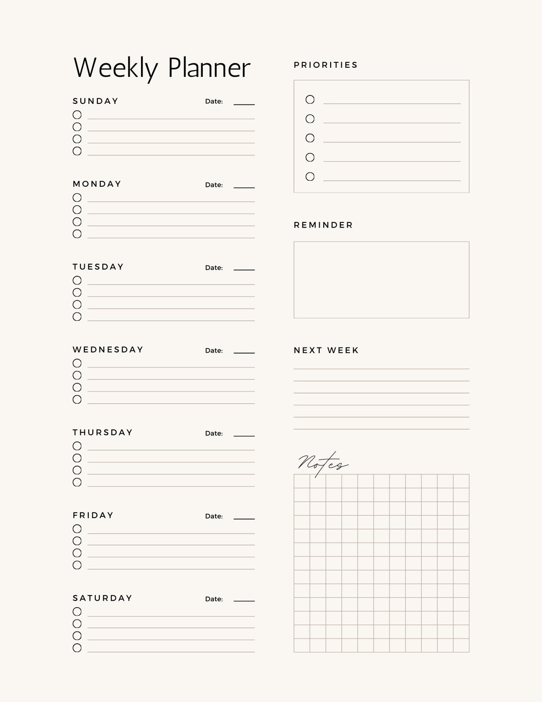 Simple and Minimal Weekly Planner - Etsy