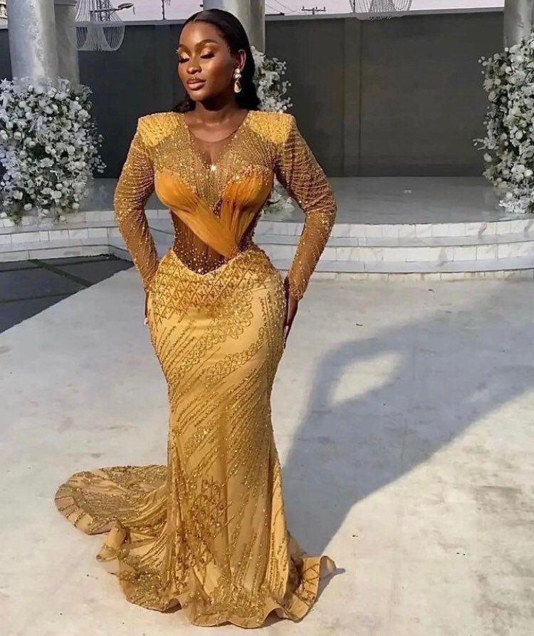 Gold Long Sleeve Prom Dresses