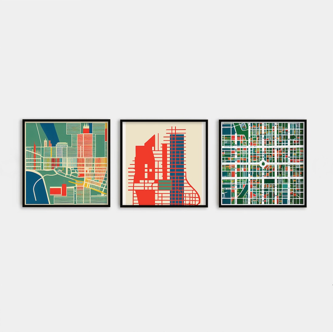 Set of 3 Abstract and Colorful City Map Art Prints - Etsy