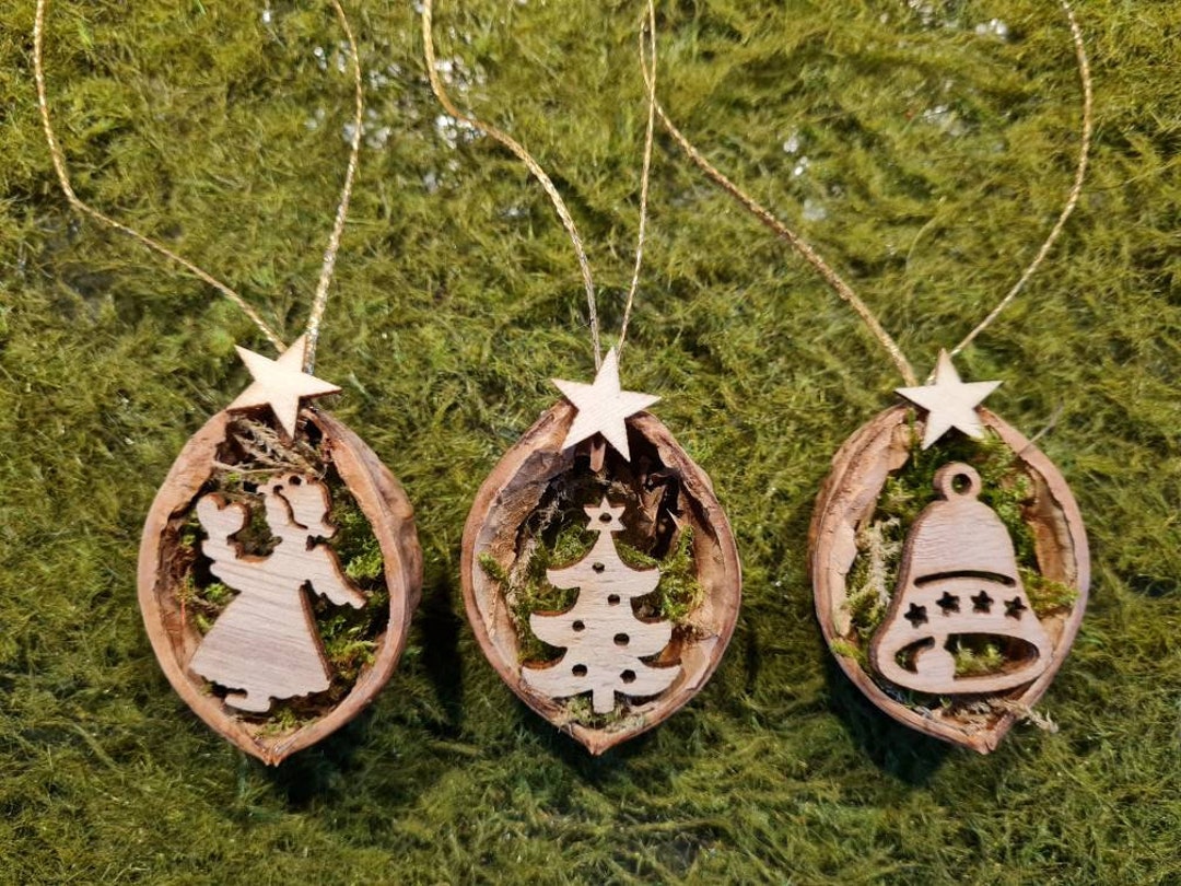 3er Set Baumschmuck Walnuss Christbaum Engel Baum Tanne Glocke mit ...