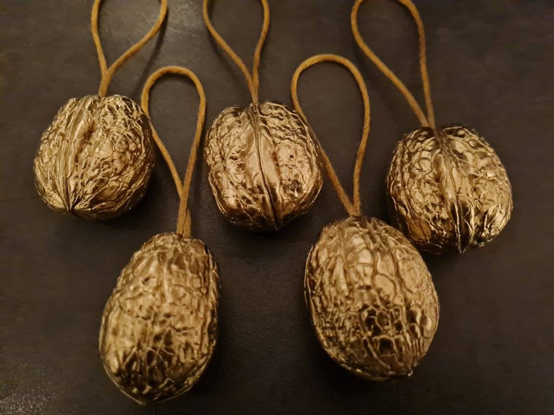 UNIQUE XXL Whole Golden Walnuts With Golden Thread String Christmas ...