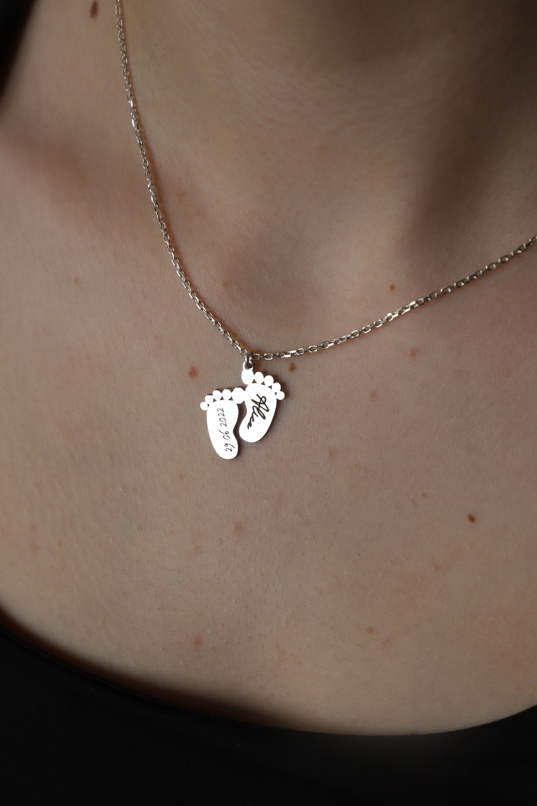 Silver Baby Feet Name Necklace With Birthdate, Personalized Newborn ...