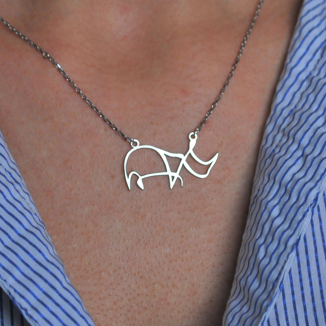Silver Rhino Necklace, Rhinoceros Pendant, Rhino Silhouette Charm Necklace, Zoo Animal Gifts ...