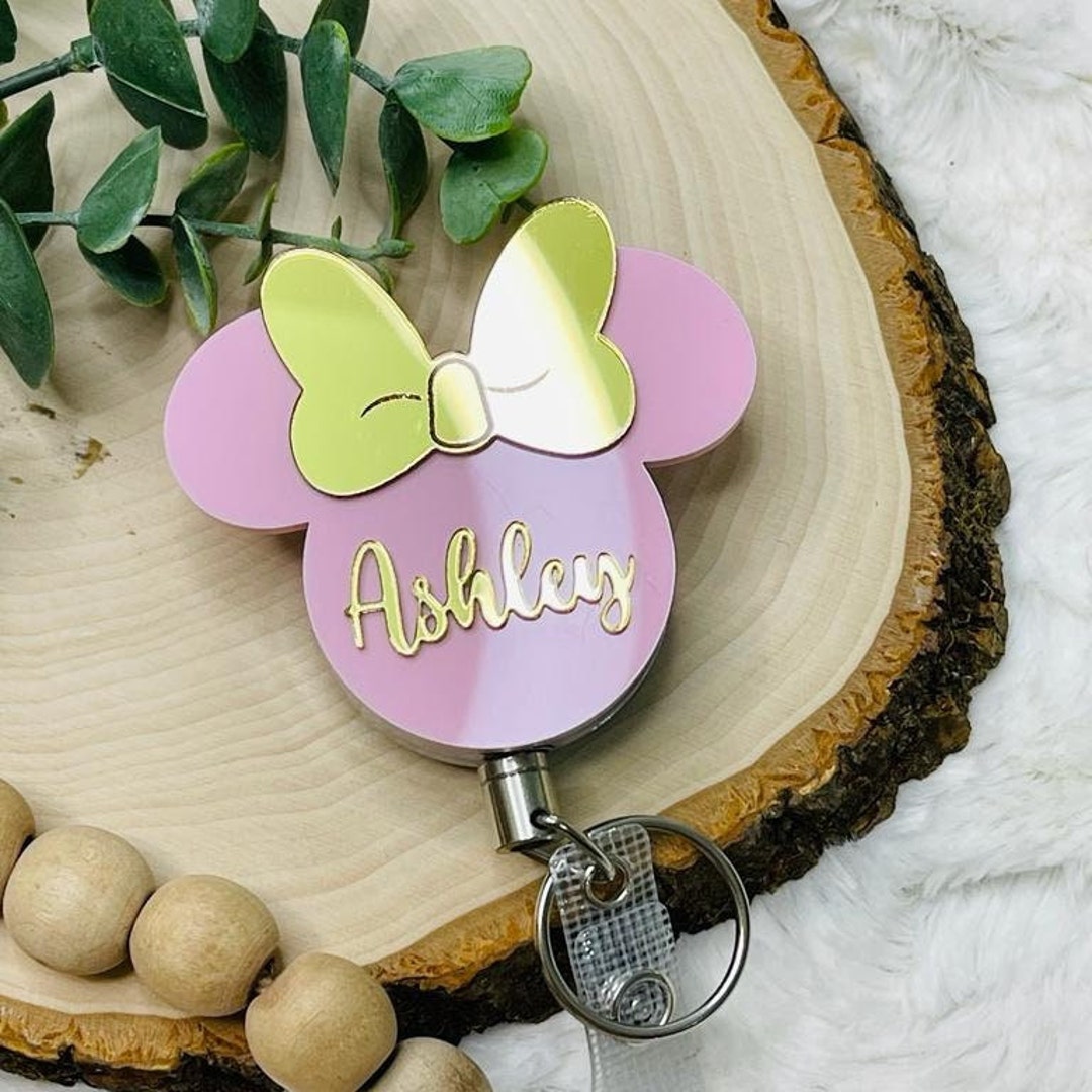 Personalized Mouse Ears Badge Reel, Pink Mouse Acrylic ID Holder, Nurse ...
