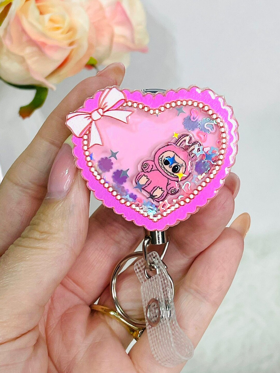 Labubu Pink Badge Reel, Labubu Badge Buddy, Retractable Glitter Shaker ...