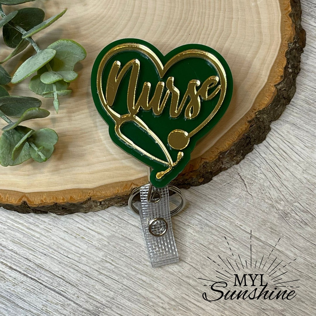 Nurse and Stethoscope Green and Gold Badge Holder, Matching 3D Badge ...