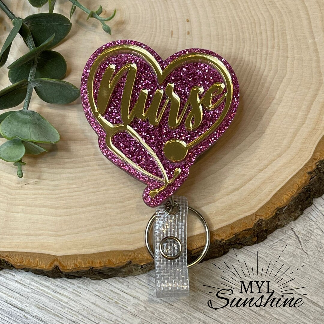Nurse and Stethoscope Pink Glitter Badge Holder, Matching 3D Badge ...