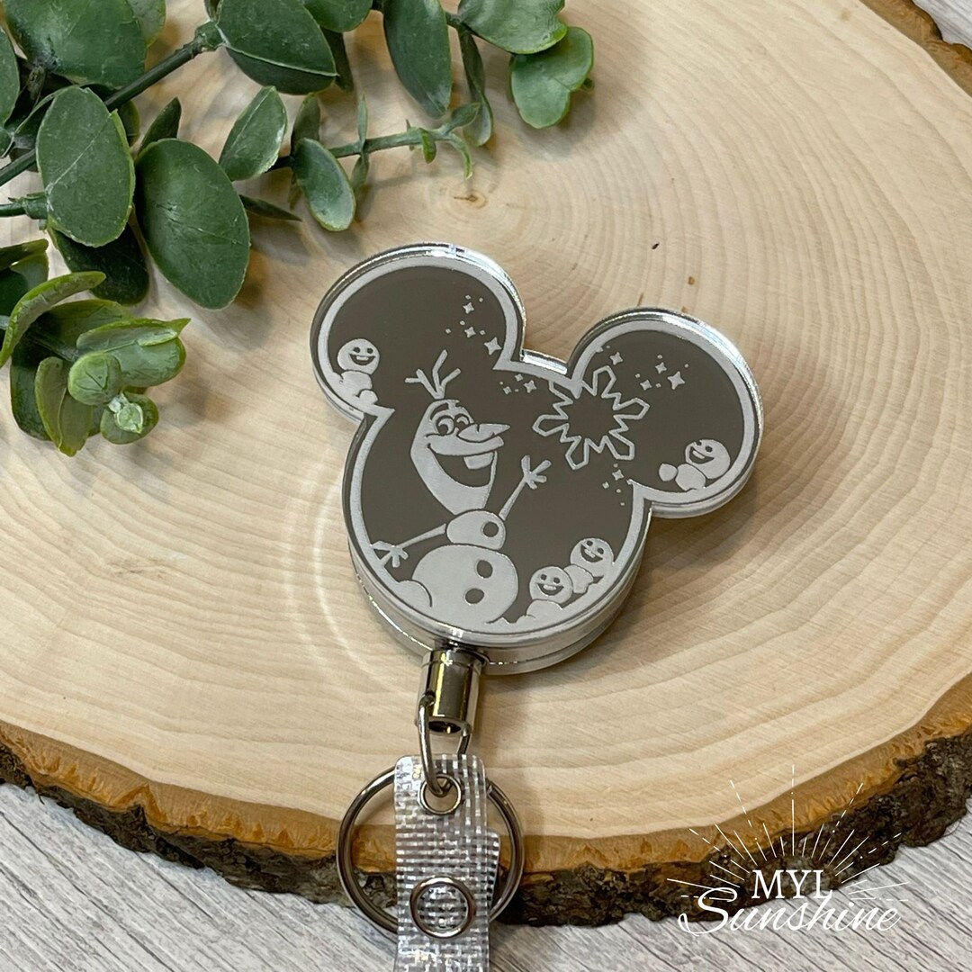 Snowman Mouse Head Badge Reel, Laser Engraved Mirror Acrylic - Etsy