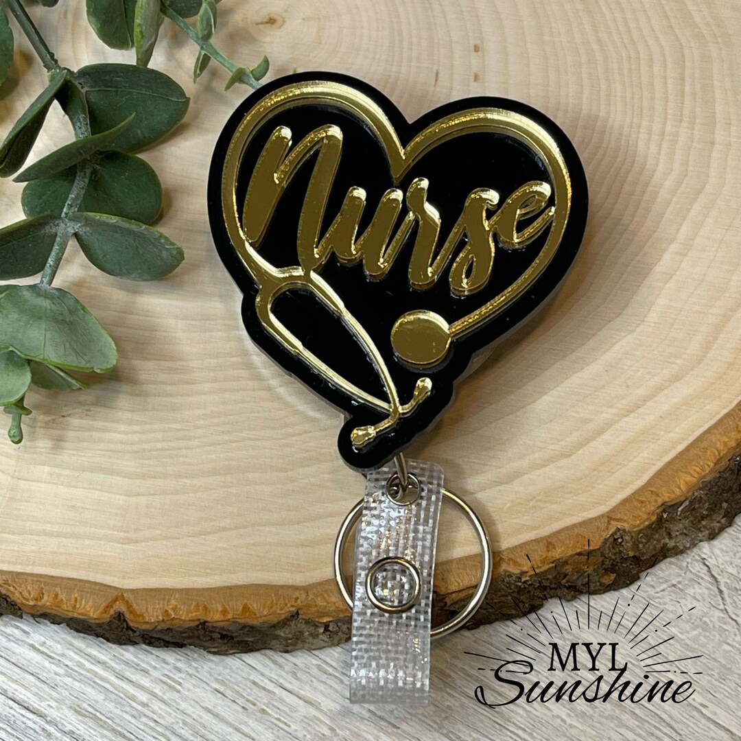Nurse and Stethoscope Black and Gold Badge Holder, Matching 3D Badge ...