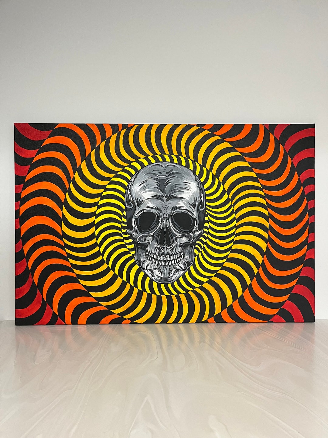 Skeleton Head Illusion Acrylic Painting on Canvas Yellow Oarange Red ...