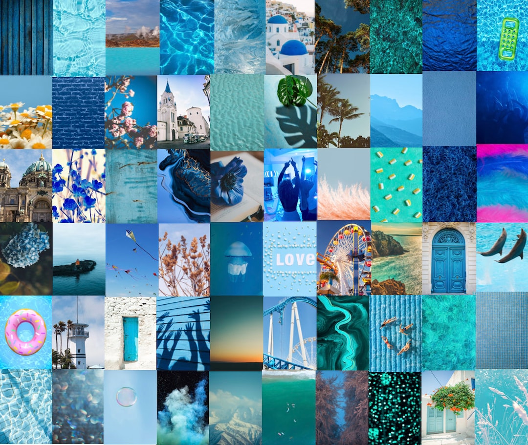 60 PIECE Blue Wall Collage Kit Blue Aesthetic Photo Collage Prints Blue ...