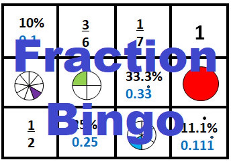 Bingo de fracciones en PDF imprimible: 12 tarjetas y listas de llamadas ...