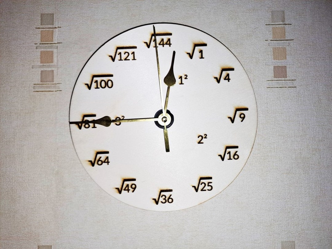 Wooden Analogue Clock With Square Roots as Numbers - 19cm Discs - Laser ...