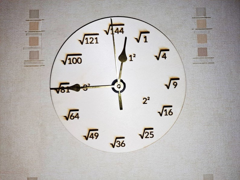 Wooden Analogue Clock With Square Roots as Numbers - 19cm Discs - Laser ...