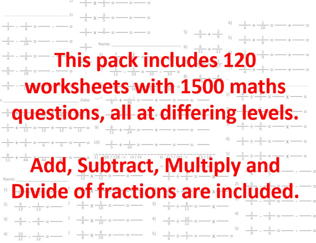120 Fraction Worksheets - Addition, Subtraction, Multiplication ...