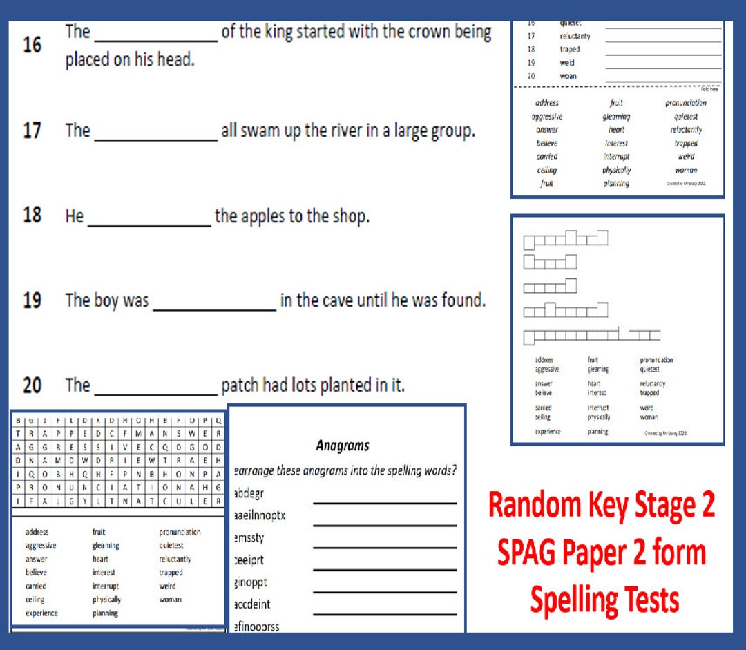 Pack of 5 SPAG Spellings Tests Based on 2022 Year 6 Sats Key Stage 2 ...