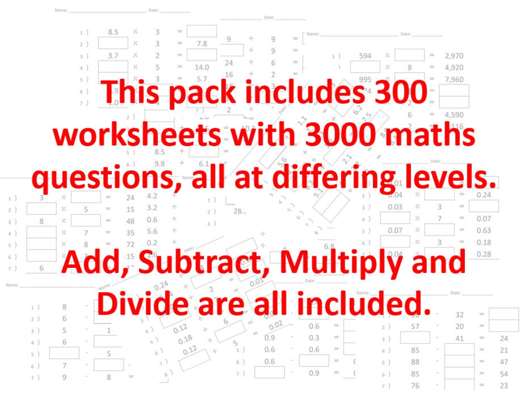 300 Maths Box Worksheets - Add, Subtract, Multiply, Divide - Etsy