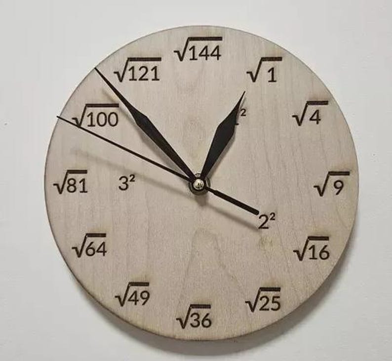 Wooden Analogue Clock With Square Roots as Numbers - 19cm Discs - Laser ...
