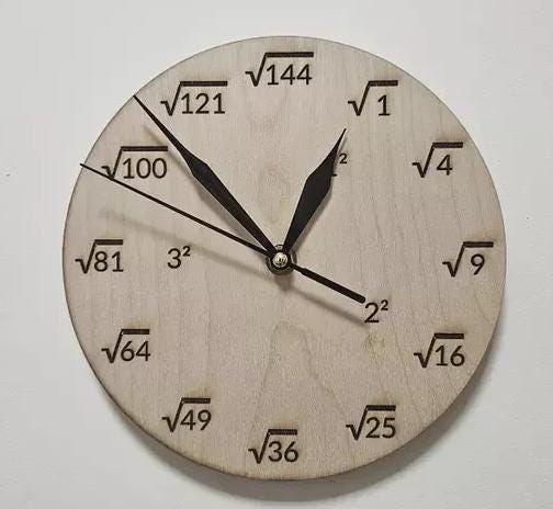 Wooden Analogue Clock With Square Roots as Numbers - 19cm Discs - Laser ...