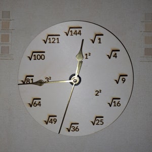 Wooden Analogue Clock With Square Roots as Numbers - 19cm Discs - Laser ...