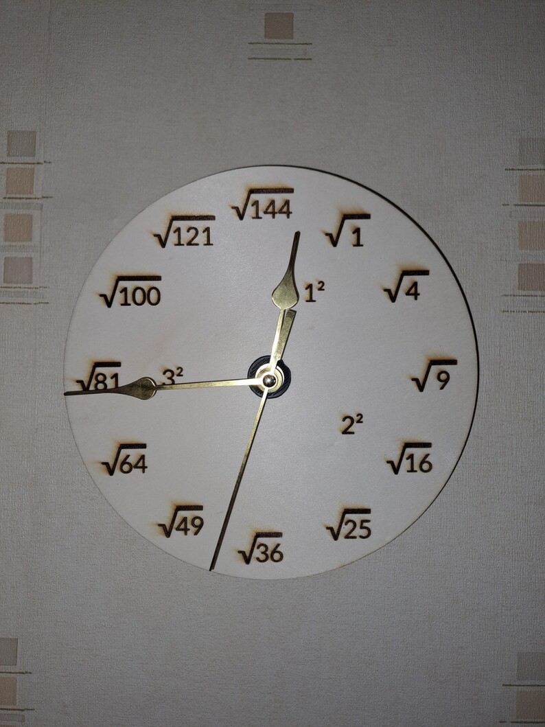Wooden Analogue Clock With Square Roots as Numbers - 19cm Discs - Laser ...