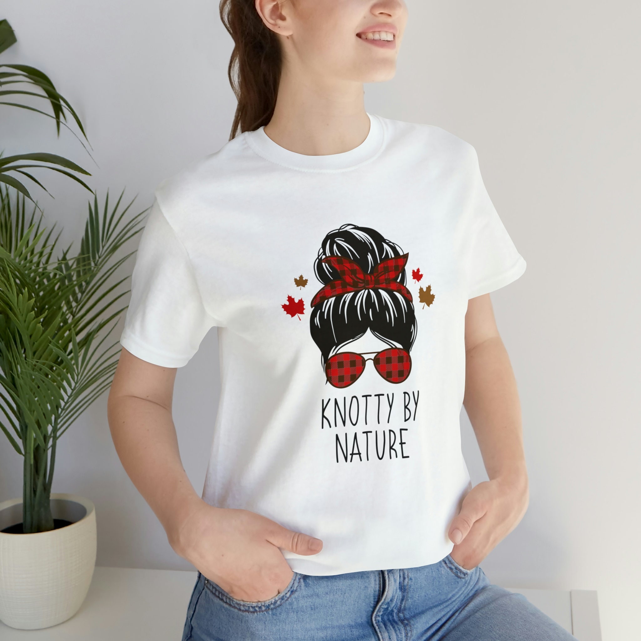 Knotty by Nature Messy Bun Fall Women's Tee, Plaid Bow Fall Colors ...