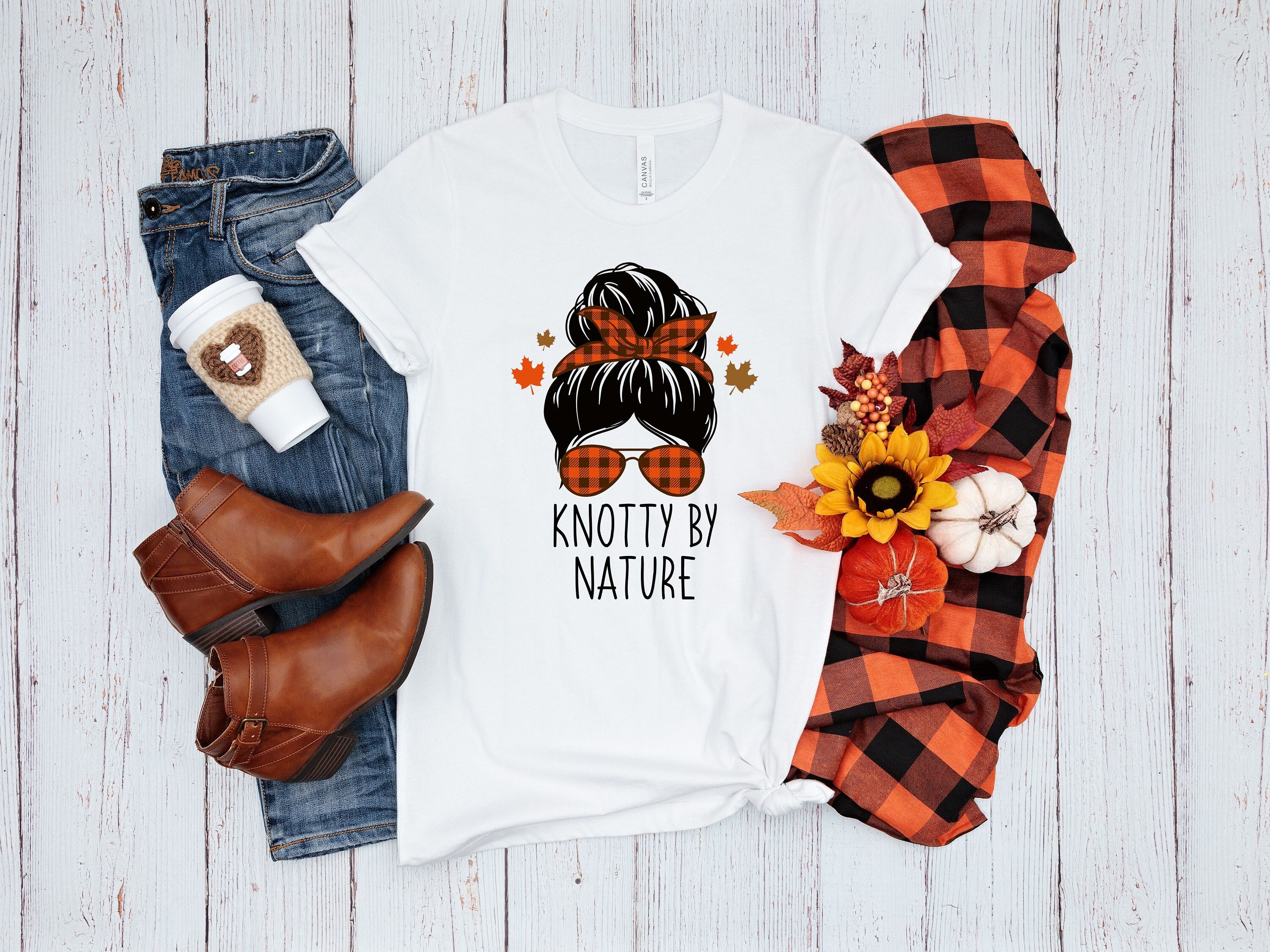 Knotty by Nature Messy Bun Fall Women's Tee, Plaid Bow Fall Colors ...