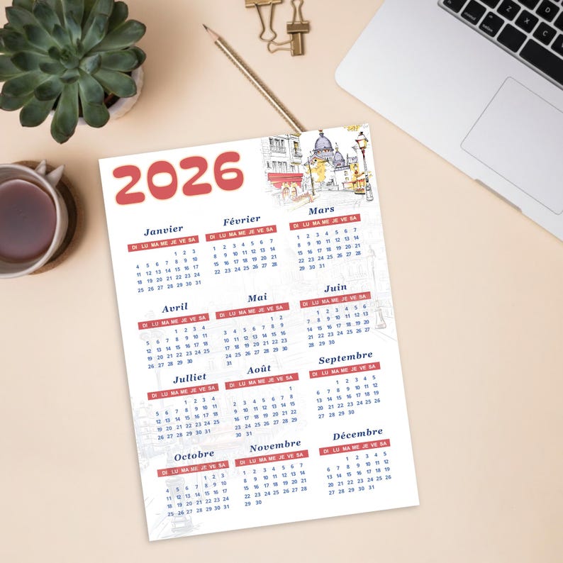 2026 French Calendar Printable: Paris Theme, Sunday Start (A3/A4 PDF) - Etsy