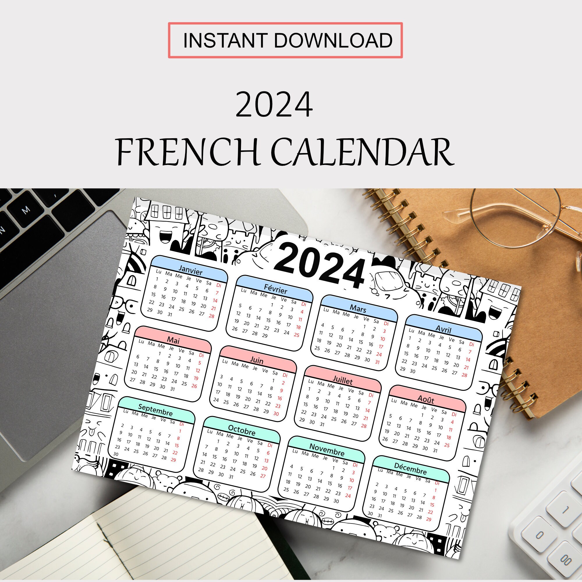 2024 French Doodle Calendar Digital Download, Printable Planner ...