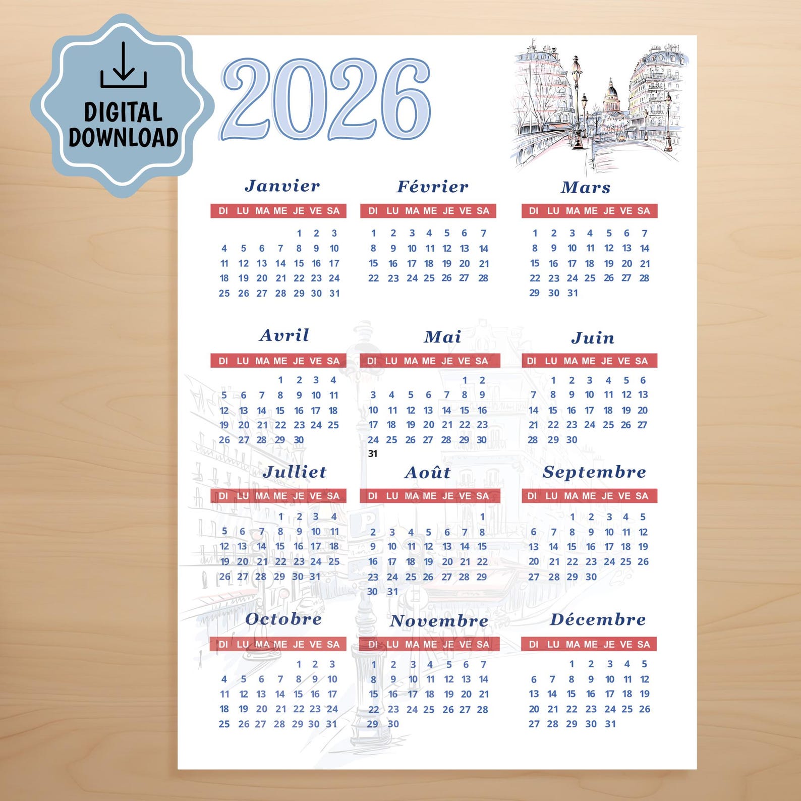 French 2026 Calendar Printable – Paris Theme Wall Calendar | Digital ...