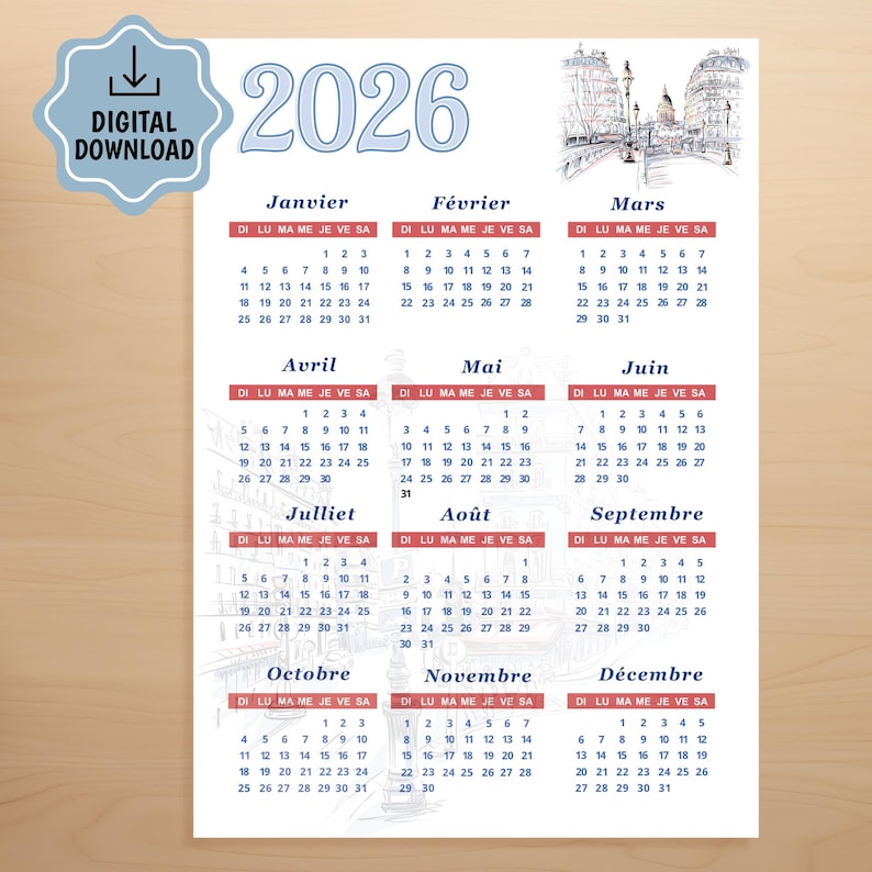 Calendário Francês 2026 para Imprimir – Calendário de Parede com Tema ...