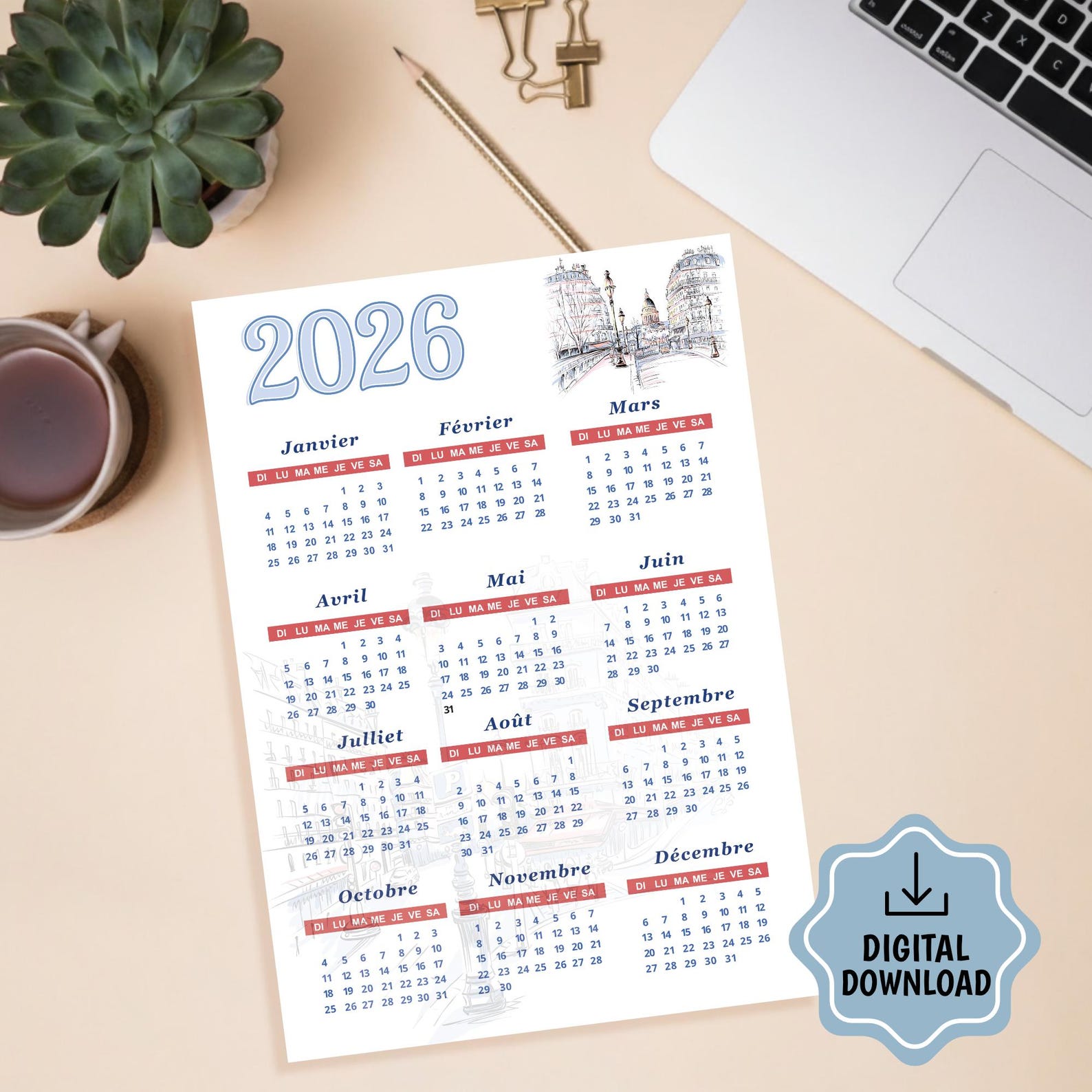 French 2026 Calendar Printable – Paris Theme Wall Calendar | Digital ...